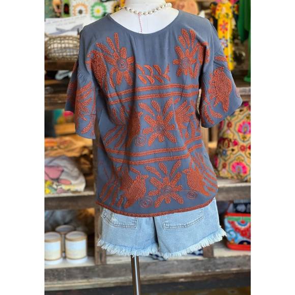 SISTER MARY | Tops | New Sister Mary Embroidered Cotton Top In Bluered ...